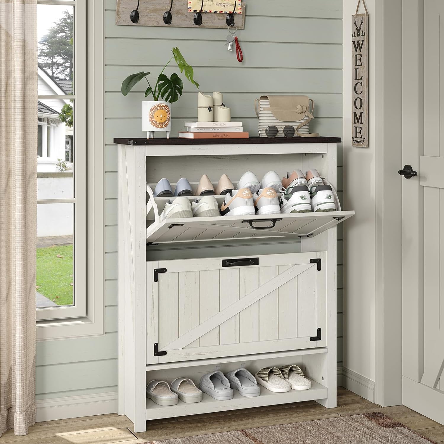 Shoe Cabinet with 2 Flip Drawers，Farmhouse Shoe Rack for Front Door ...