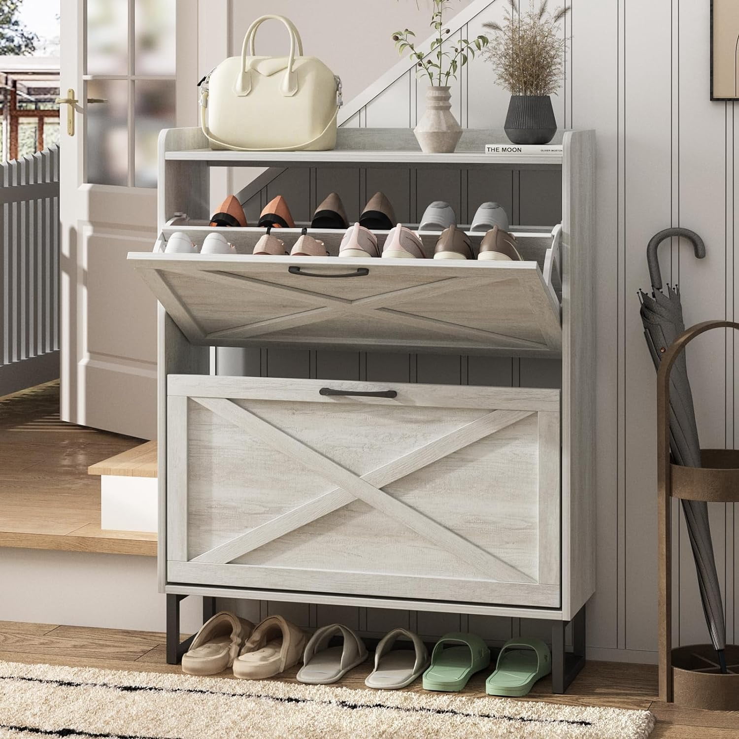 Shoe Cabinet with 2 Flip Drawers, Freestanding Shoe Cabinet Organizer ...