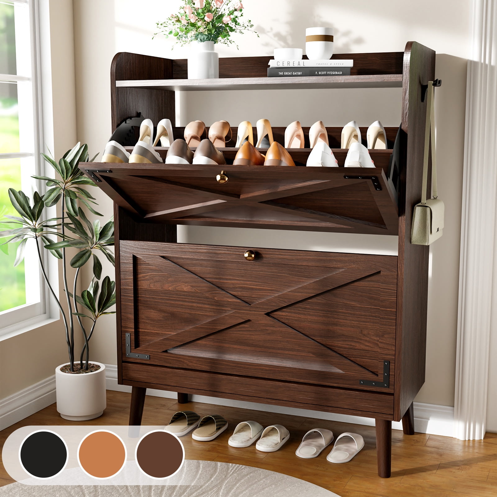 Parojati Shoe Cabinet with 2 Flip Drawers, Open Shelf Design ...