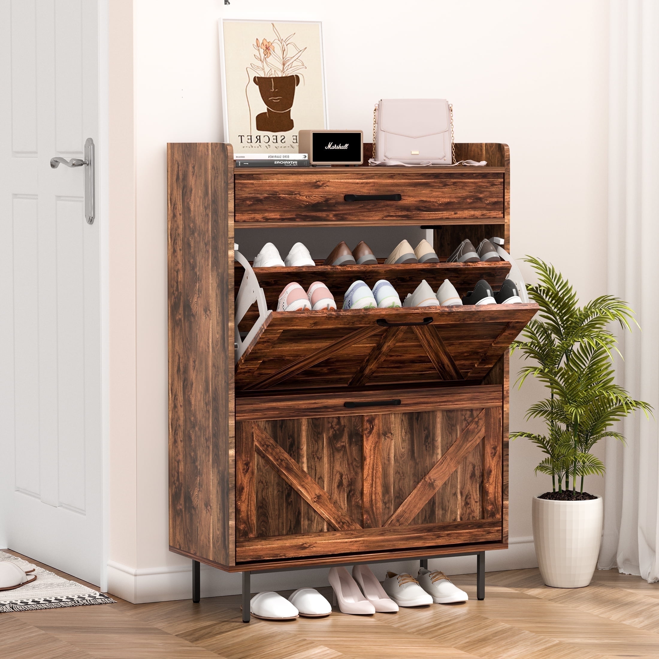 Nifamembo Shoe Cabinet with 2 Flip Drawers, Freestanding Shoe Organizer ...