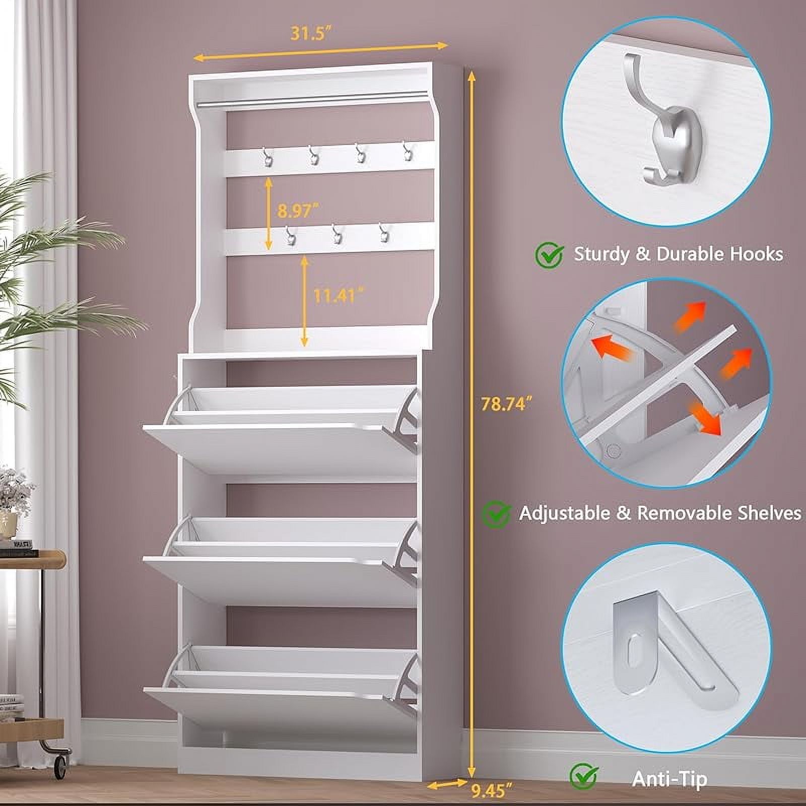 Shoe Cabinet with 3 Flip Drawers, Hidden Wood Shoe Cabinet,Freestanding ...