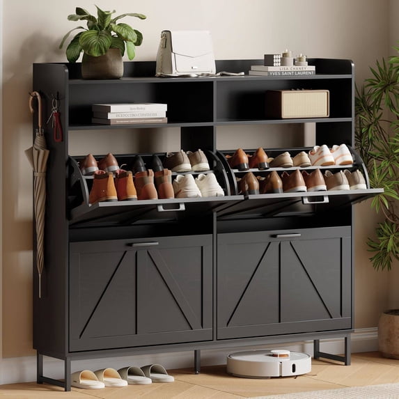 Shoe Cabinet with 4 Flip-Out Drawers, Freestanding Narrow Shoe Storage ...