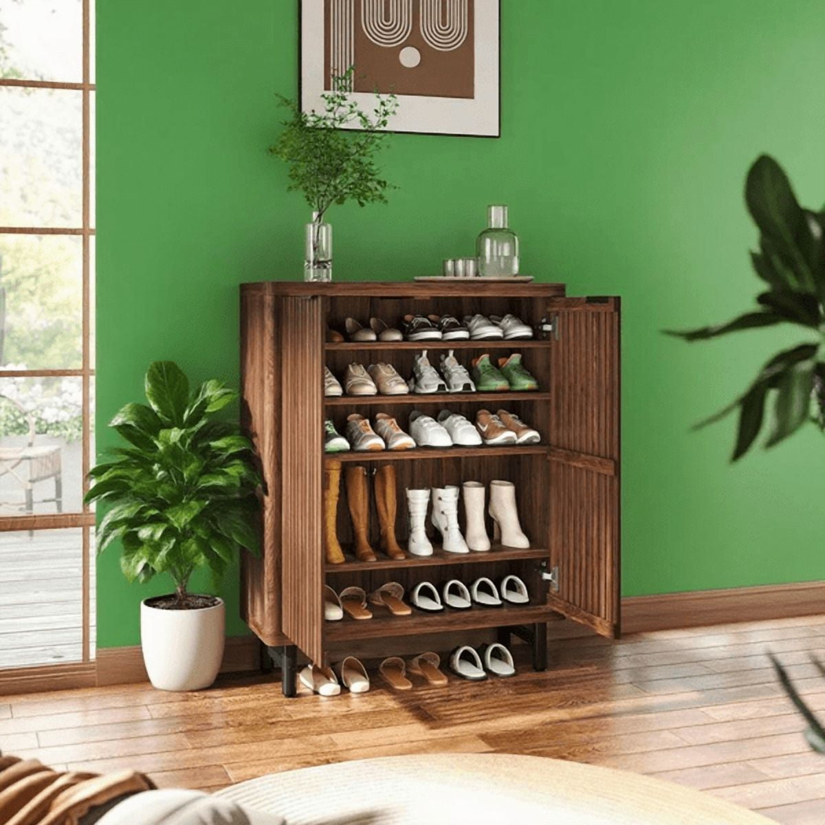 Shoe Cabinet with Louver Doors - 6-Tier Adjustable Shelves, Spacious ...