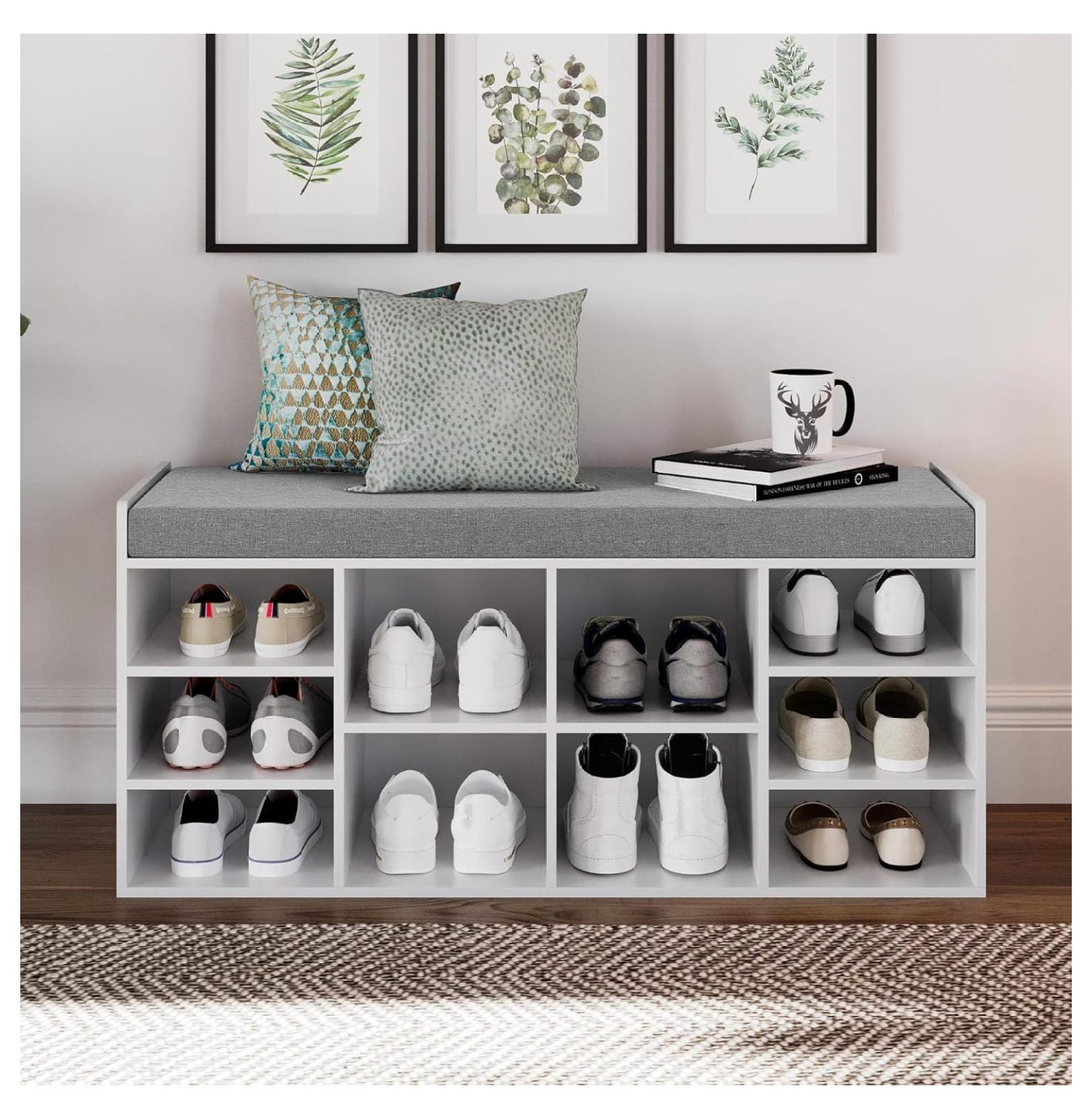 Shoe Cubby Bench with Seat, 10 Cubbies, Fits Up to Size 13 Men's Shoes ...