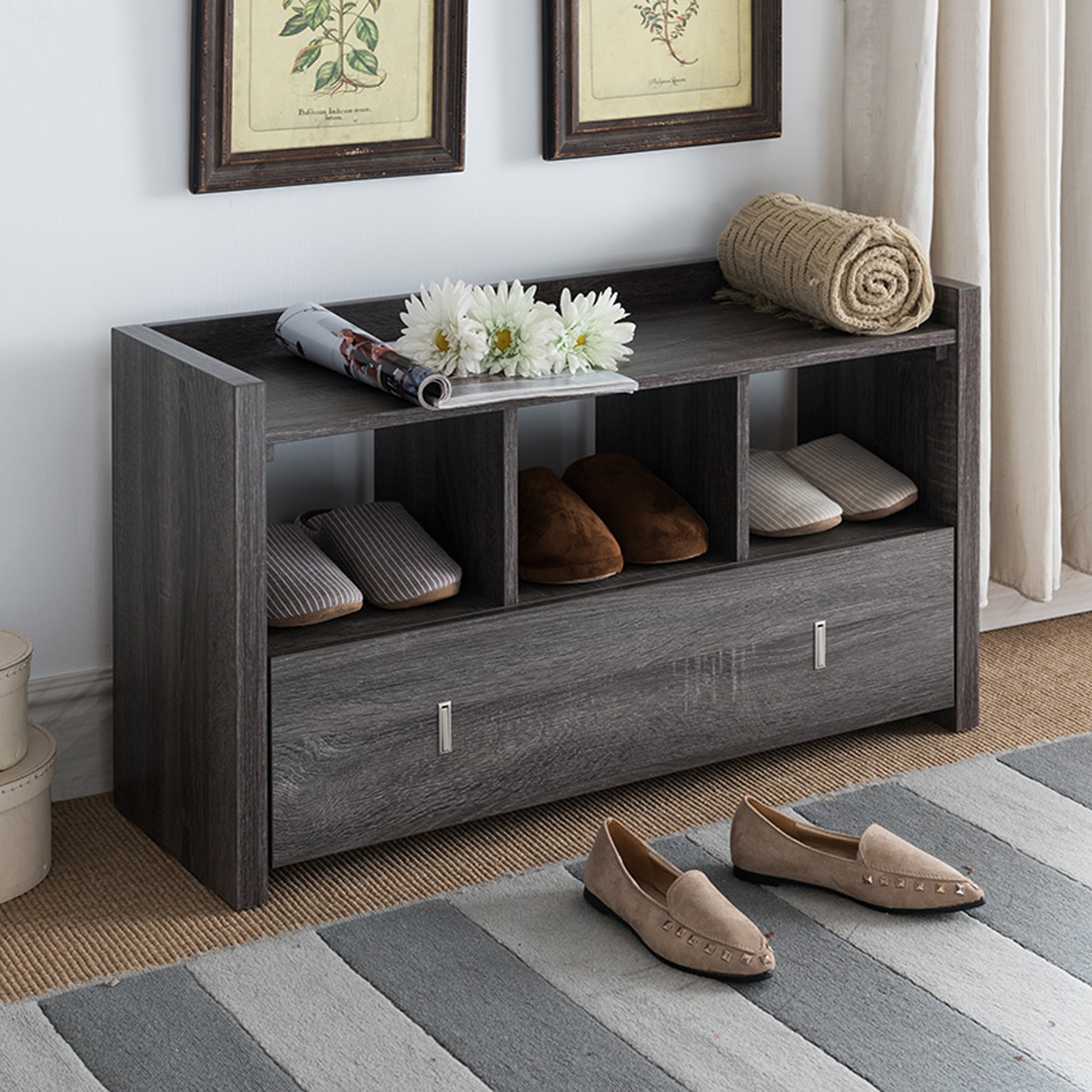 Bedroom Stool Shoe Entry Bench with Three Shelves, One Drawer with ...