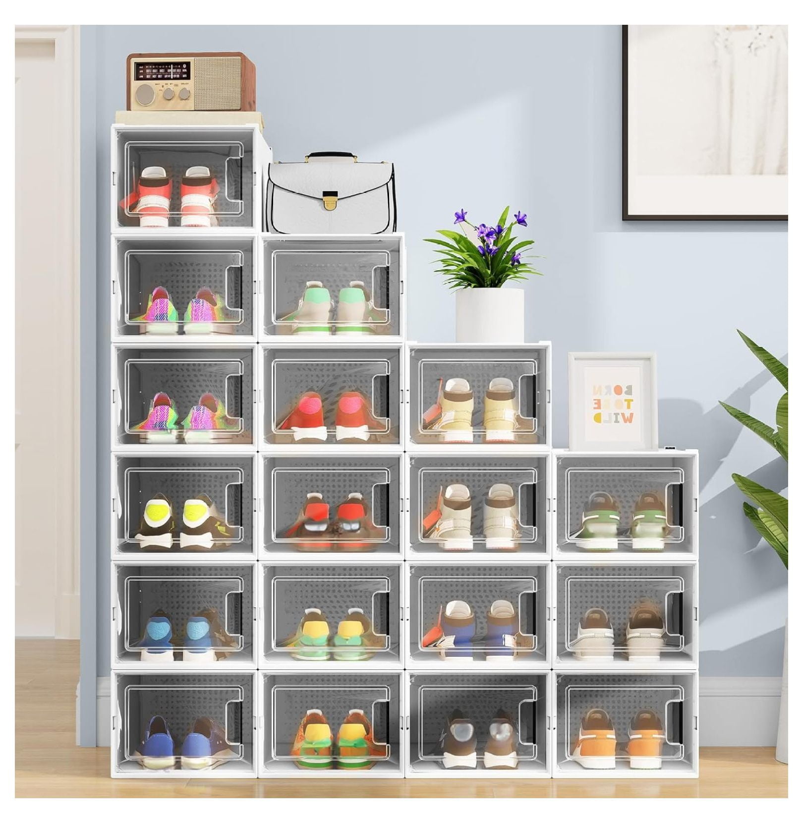 Shoe Organizer Box, 18 PCS Large Size Shoe Storage Stackable Shoe Box Rack Containers Drawers ...