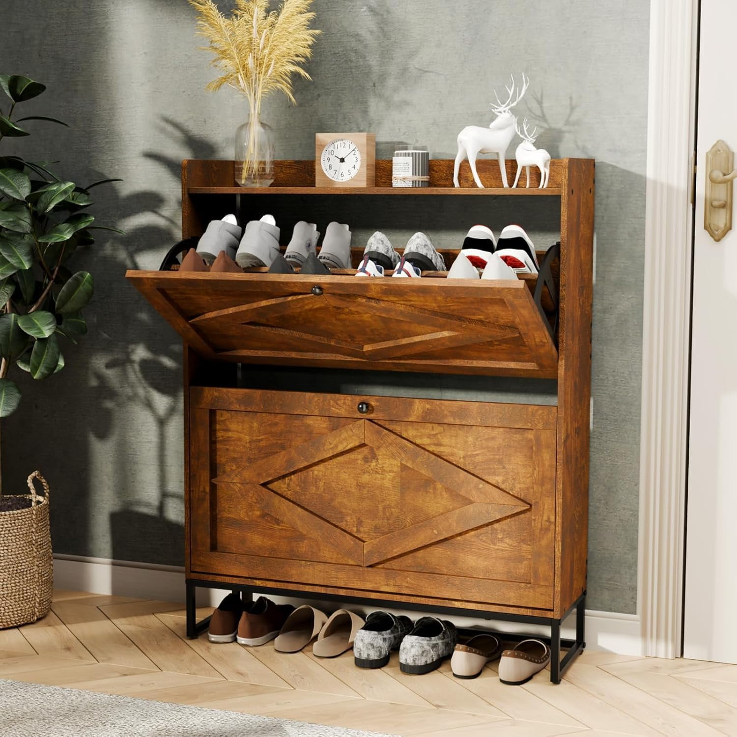 Shoe Organizer Cabinet with 2 Flip Drawers for Entryway, Slim Freestanding Shoe Cabinet ...