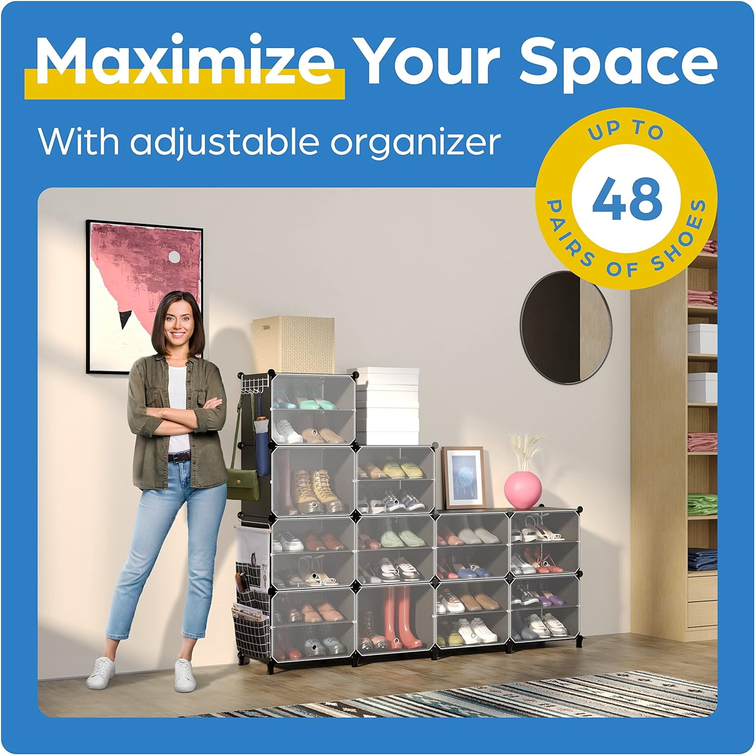 Shoe Organizer Cabinet Up to 48 Pairs, Shoe Closet-Covered Shoe Rack ...