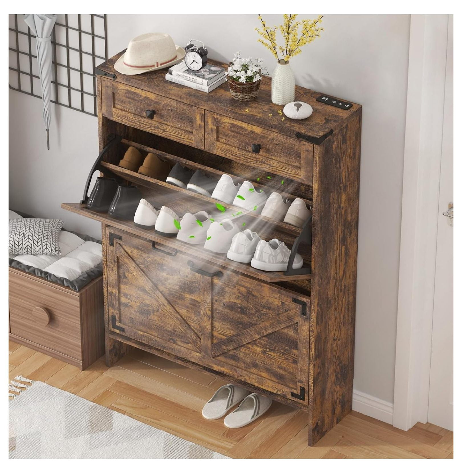 Shoe Organizer Cabinet, Farmhouse Deodorizing Shoe Cabinet with 2 ...