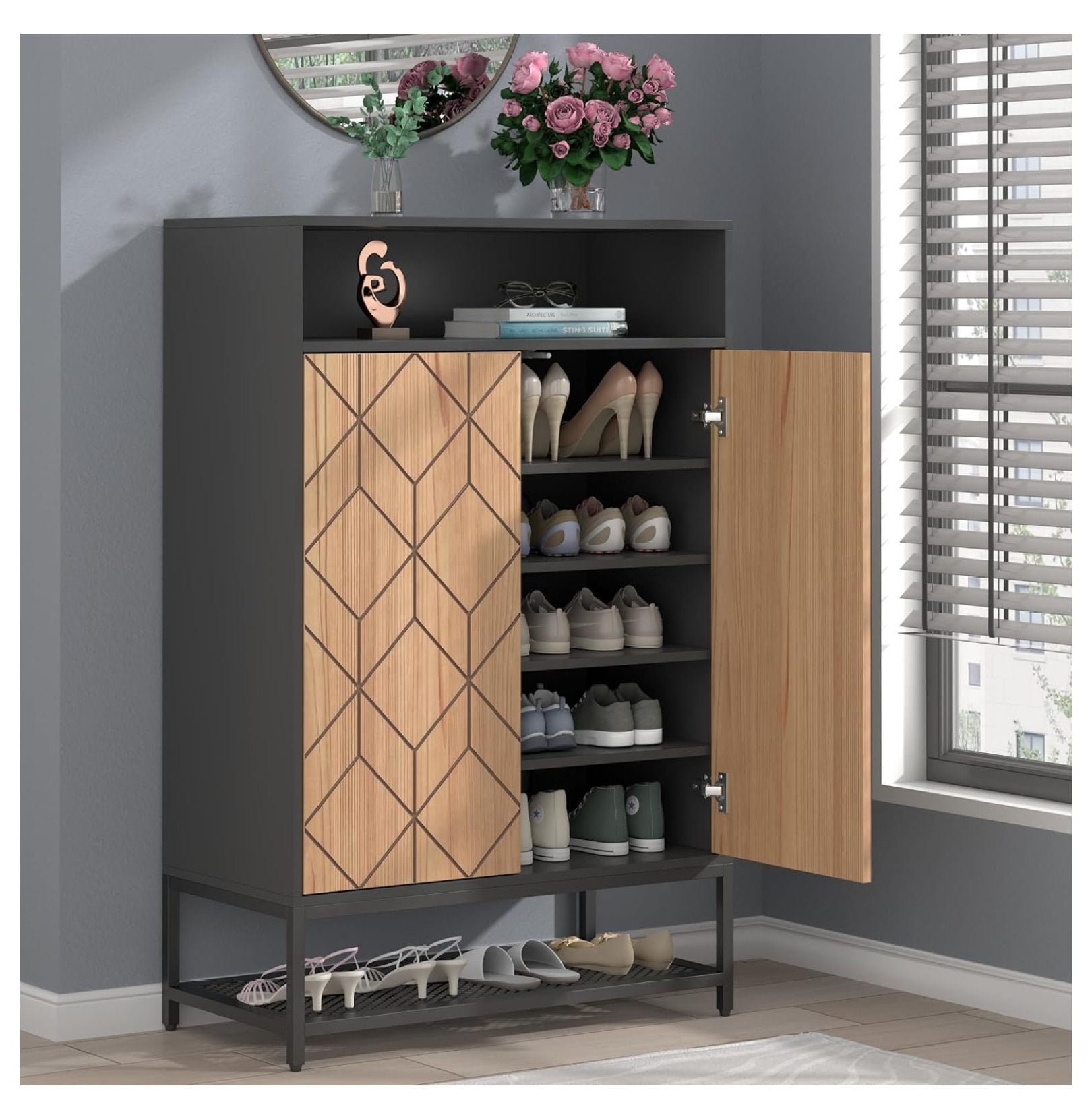 Shoe Organizer with Doors, Shoe Storage Cabinet with Adjustable Shelves ...