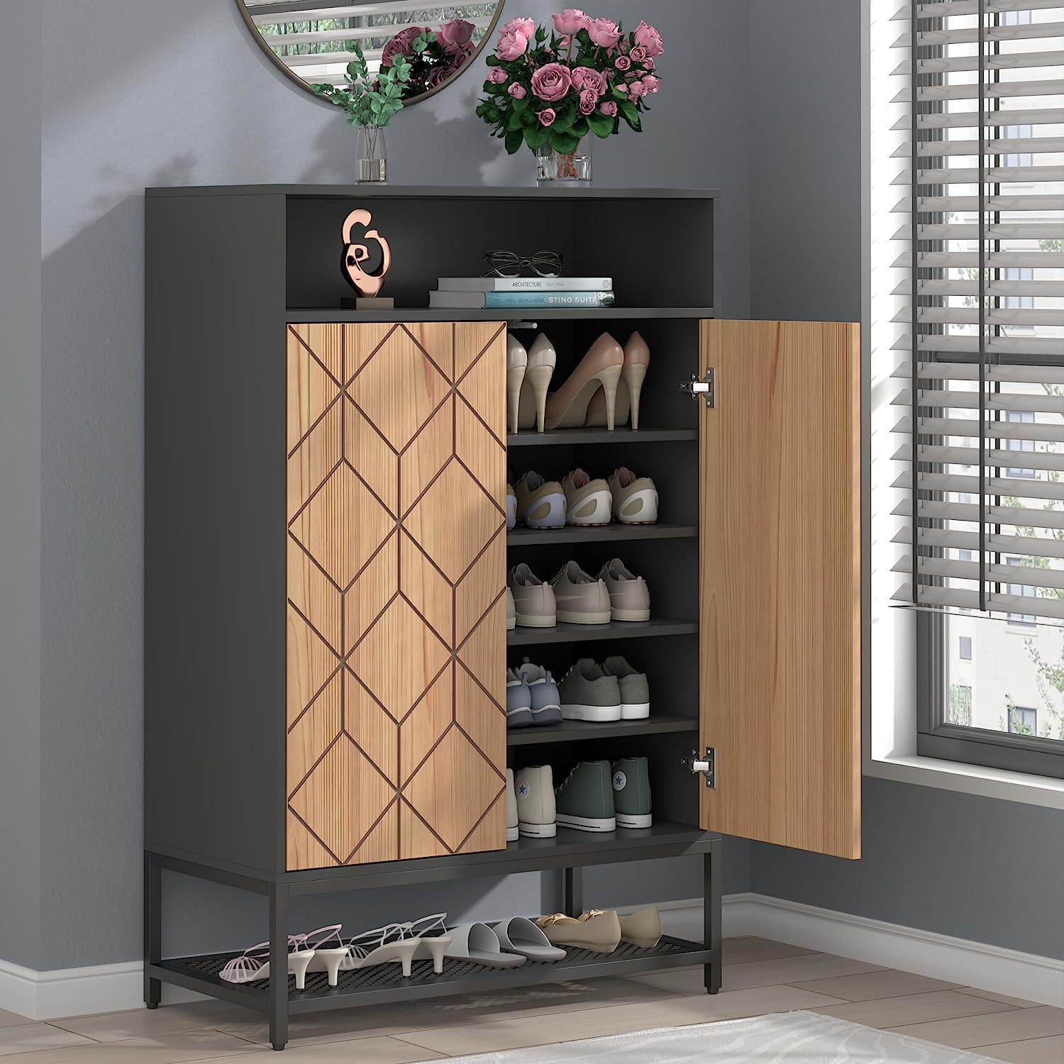 Shoe Organizer with Doors, Shoe Storage Cabinet with Adjustable Shelves ...