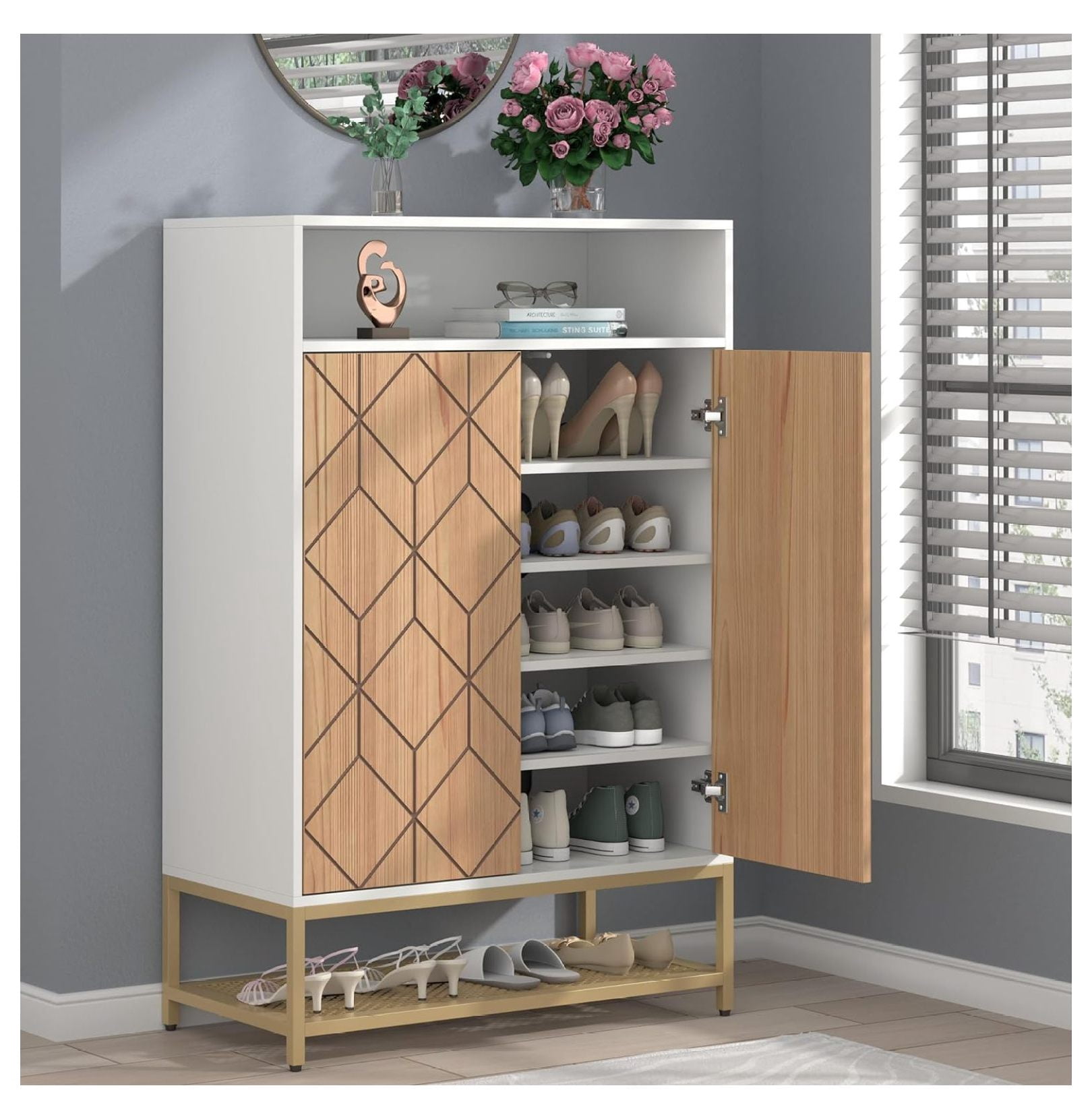 Shoe Organizer with Doors, Shoe Storage Cabinet with Adjustable Shelves ...