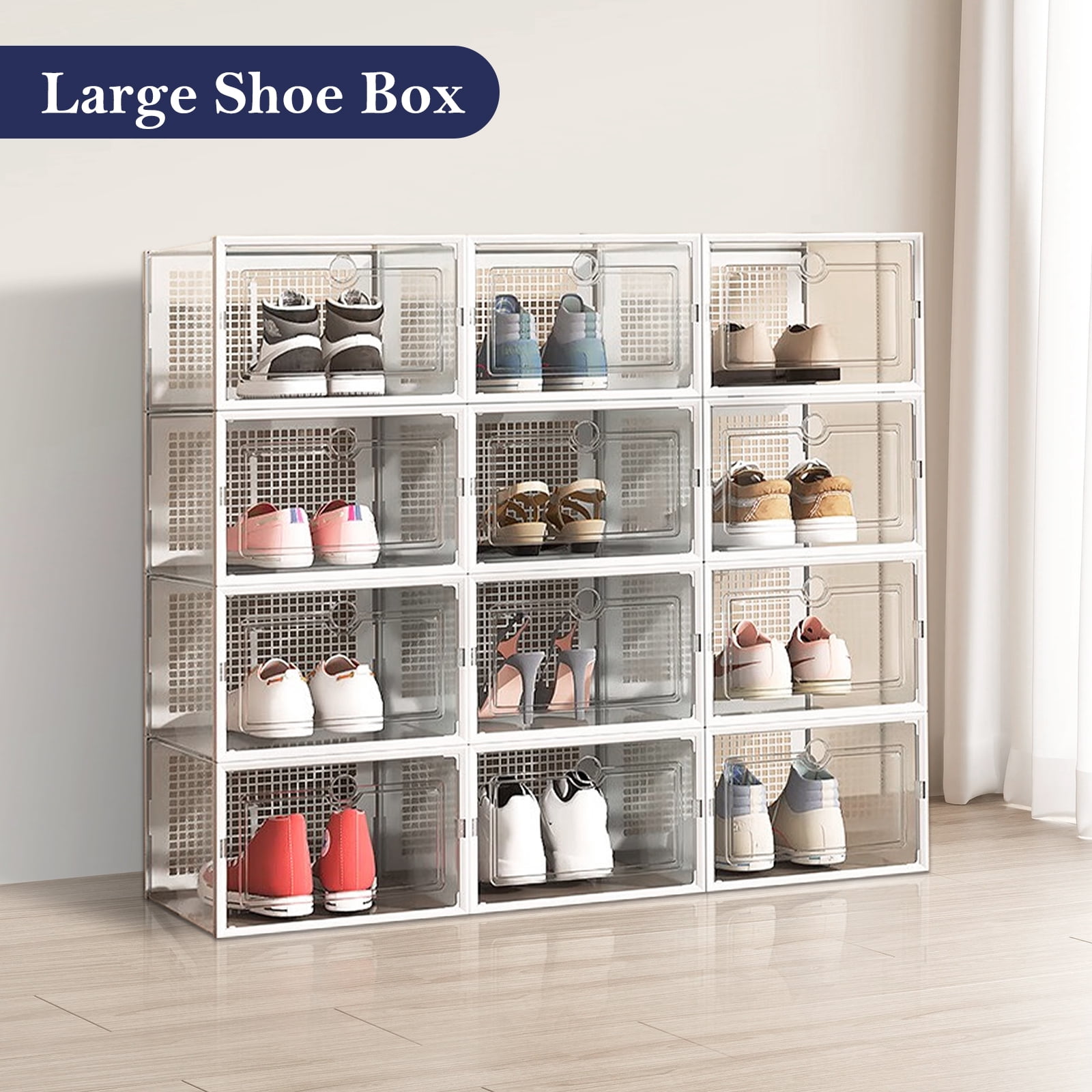 Shoe Organizer Storage Boxes for Closet 12 Packs Grey, Clear Plastic ...