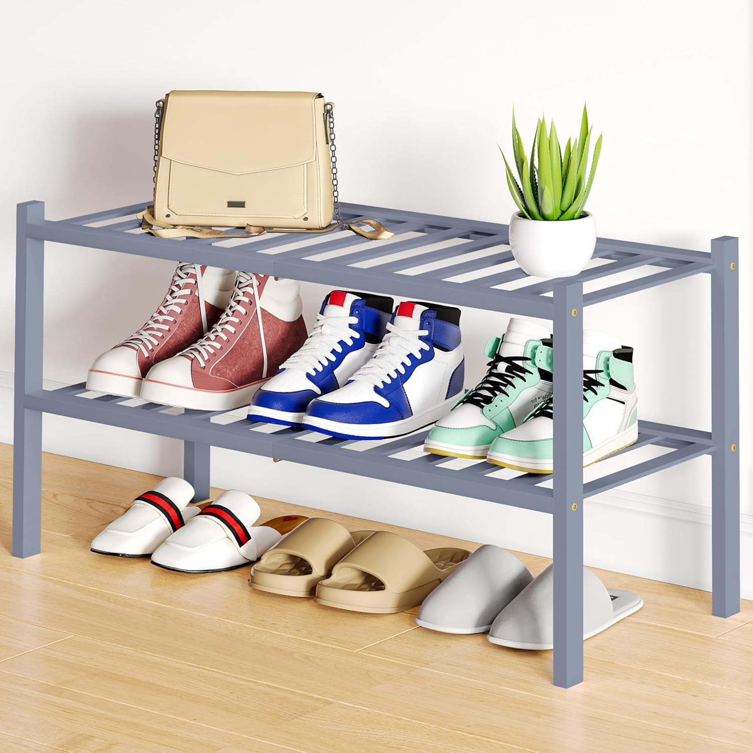 Shoe Rack, 2 Tier Bamboo Shoe Organizer, Stackable Free Standing Wooden ...