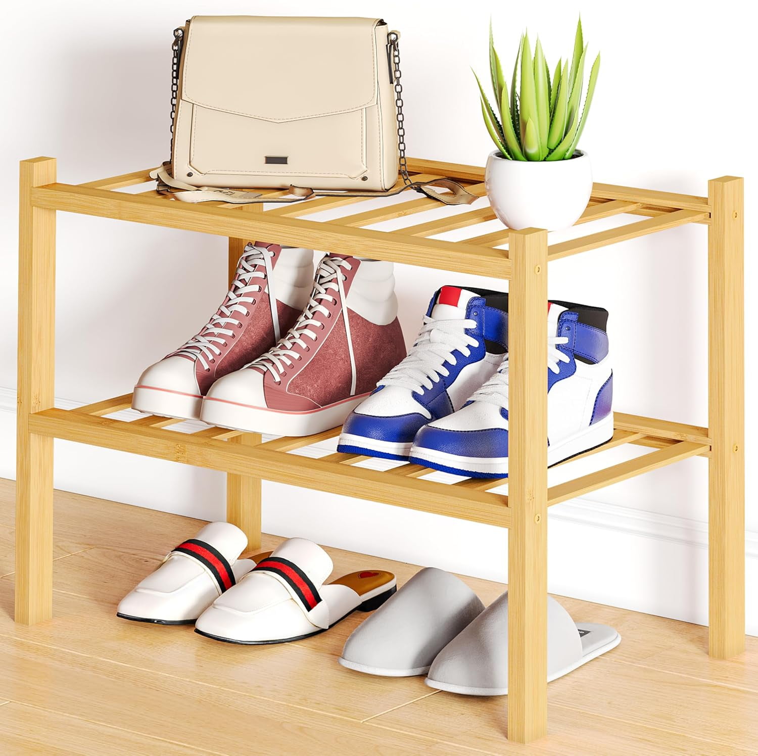 Shoe Rack, 3 Tier Bamboo Shoe Organizer, Stackable Free Standing Wooden ...