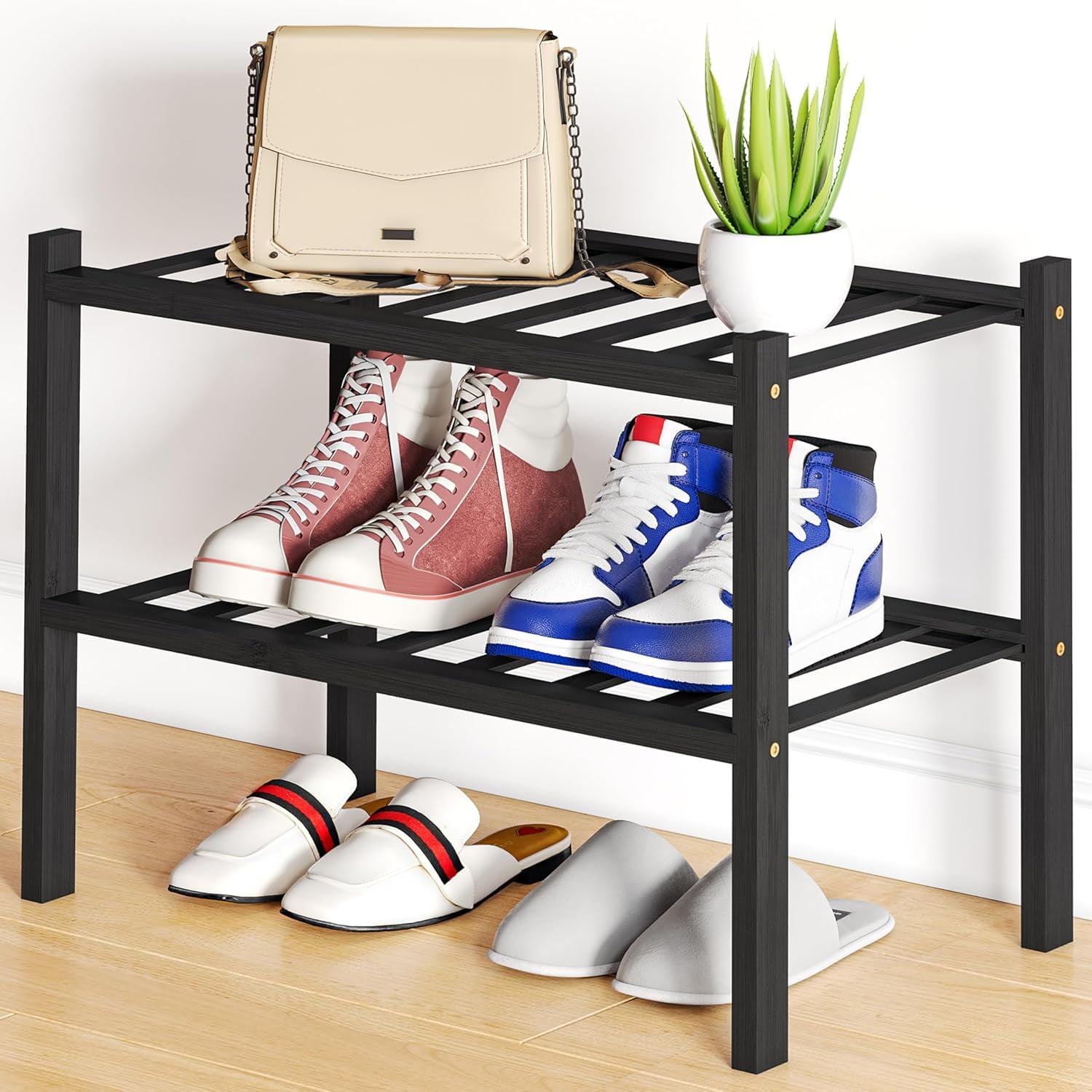 Shoe Rack, 3 Tier Bamboo Shoe Organizer, Stackable Free Standing Wooden ...