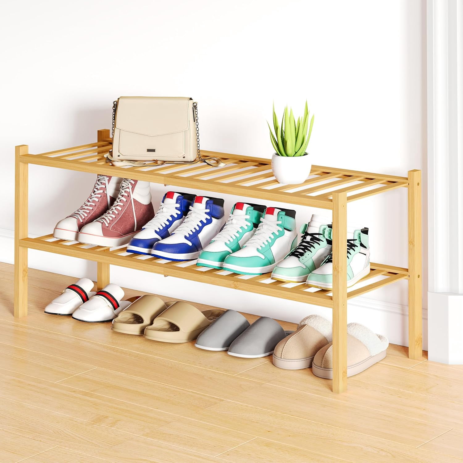 Shoe Rack, 3 Tier Bamboo Shoe Organizer, Stackable Free Standing Wooden ...