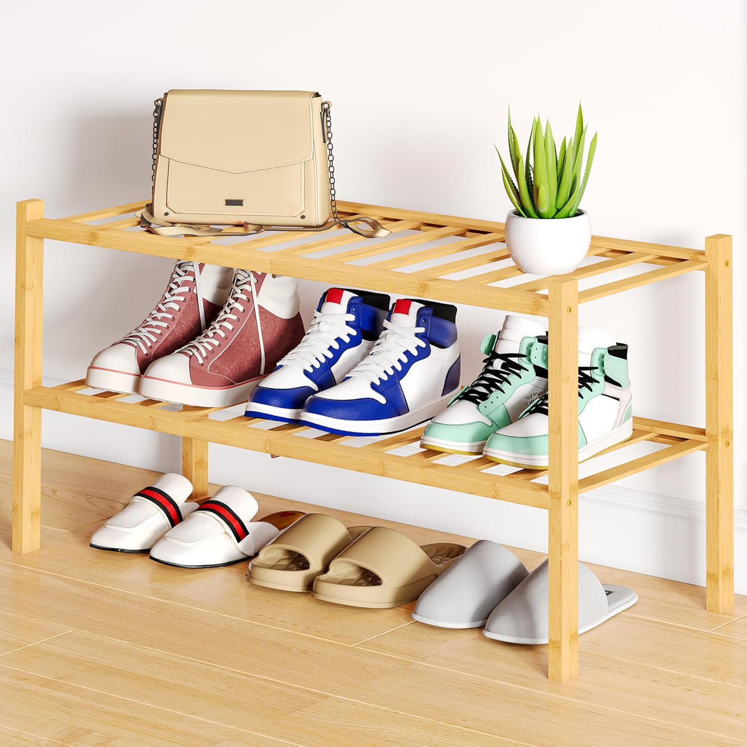 Shoe Rack, 3 Tier Bamboo Shoe Organizer, Stackable Free Standing Wooden ...