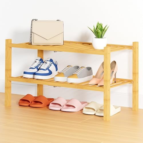 Shoe Rack, 3 Tier Bamboo Shoe Organizer, Stackable Free Standing Wooden ...