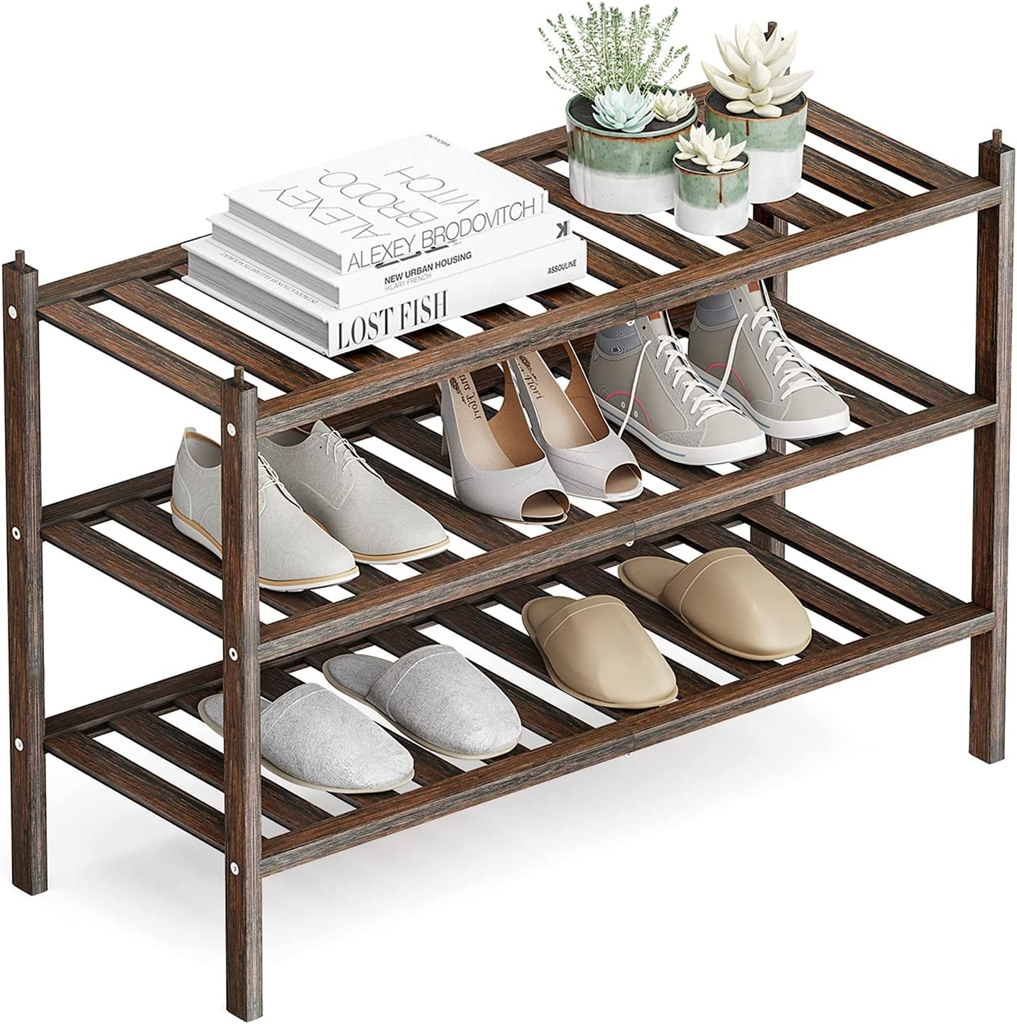 Shoe Rack, 3-Tier Bamboo Stackable Shelf Storage Organizer, Stand for ...