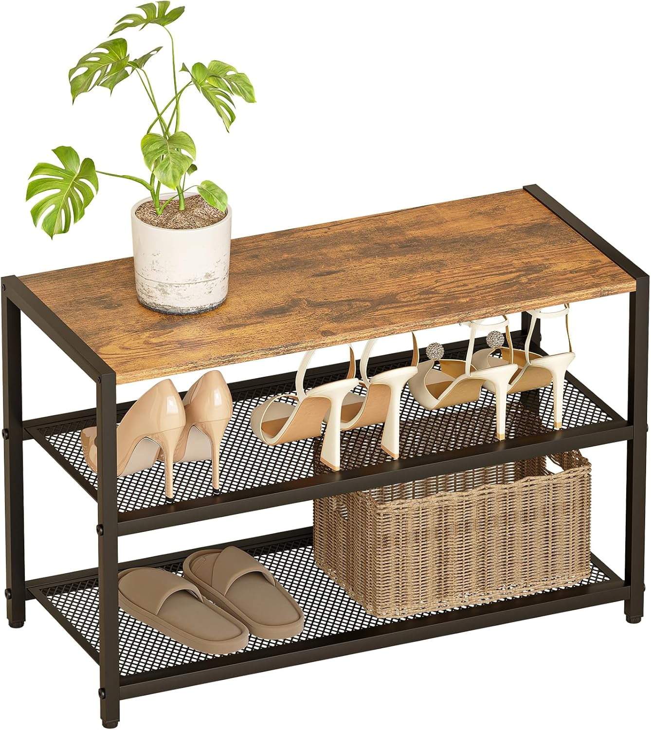 Shoe Rack, 3-Tier Shoe Shelf with Dense Metal Mesh, Durable Industrial ...