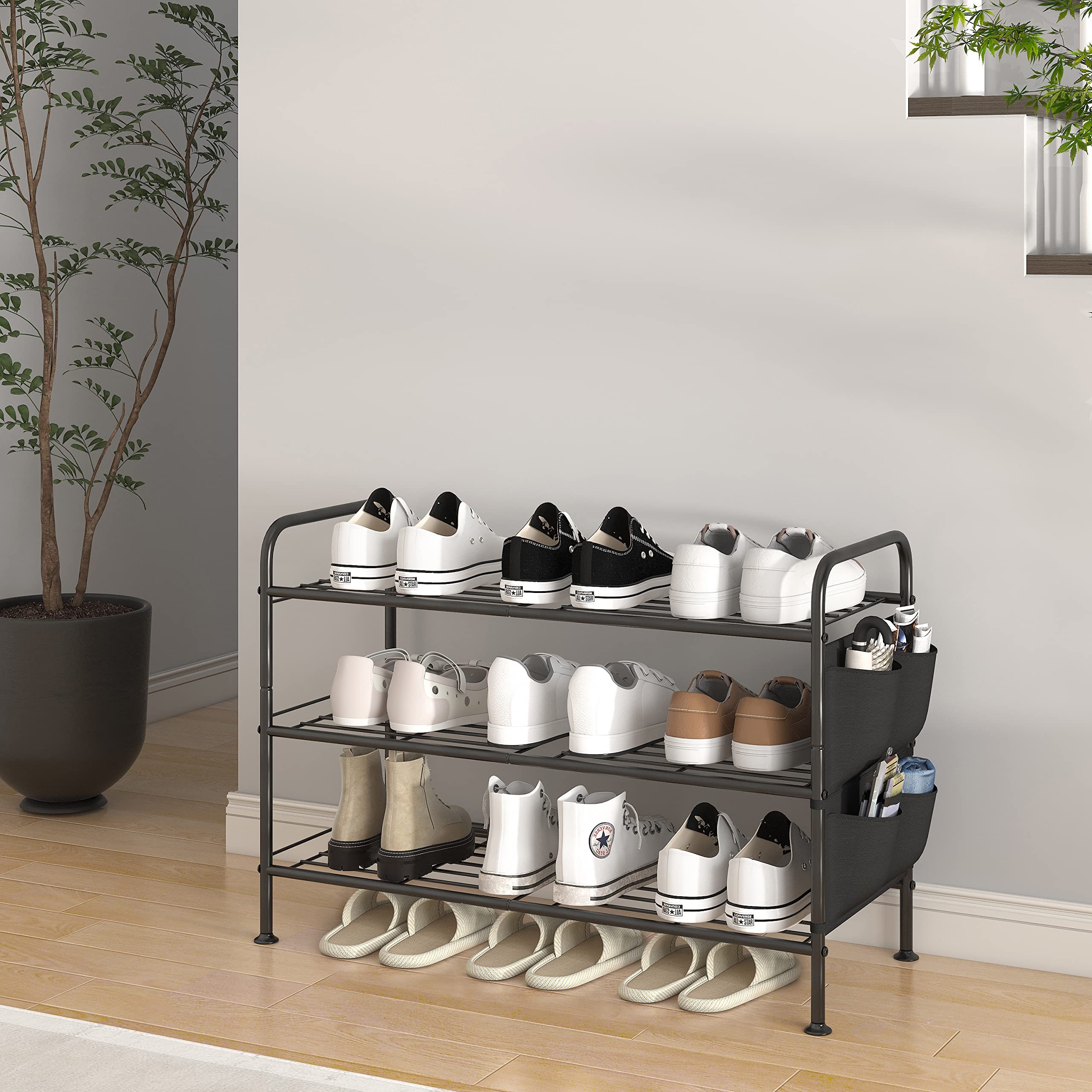 Shoe Rack 3 Tier Shoe Storage Organizer Metal with Side Pockets for ...
