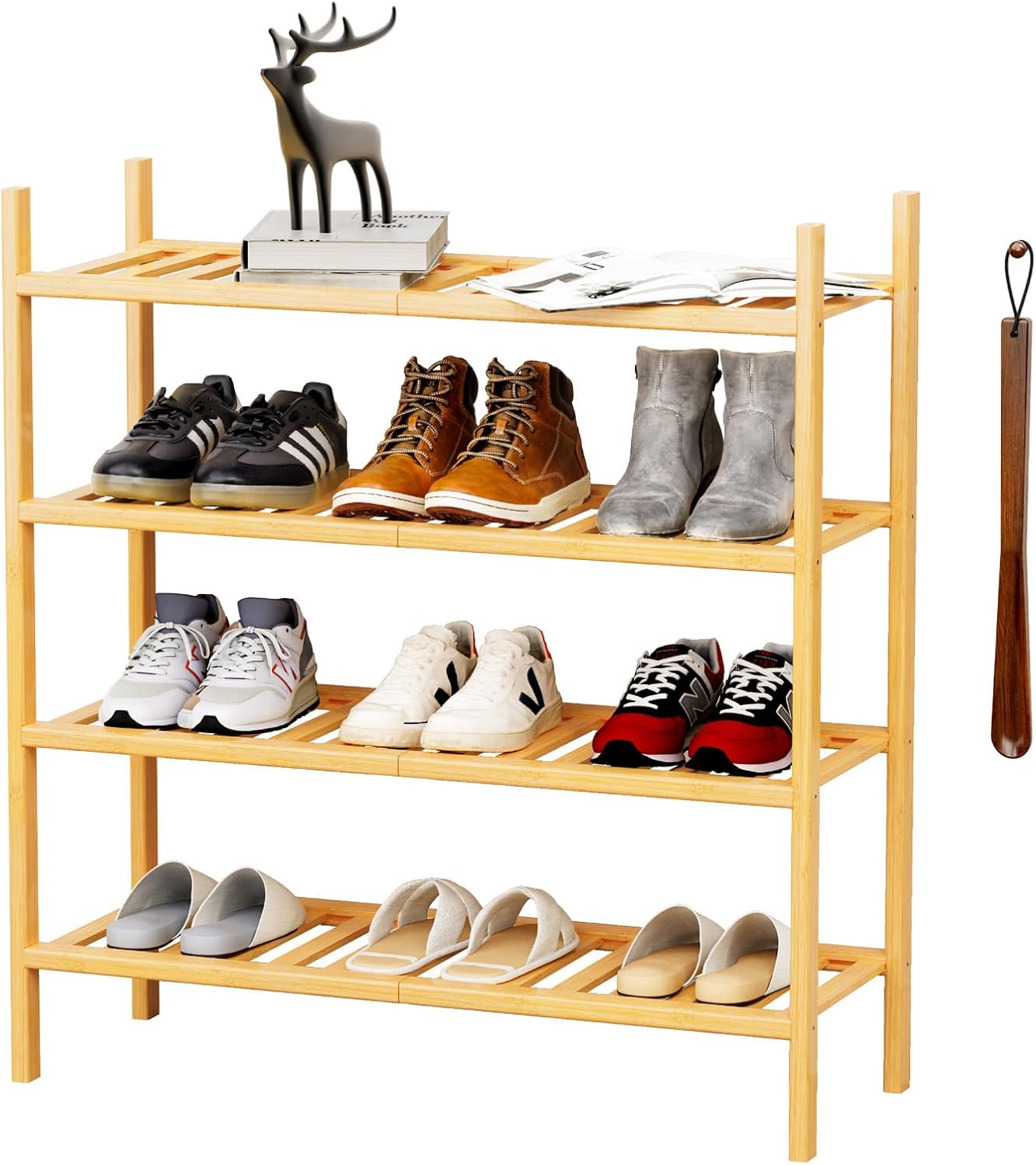 Shoe Rack, 4-Tier Bamboo Shoe Rack for Front Door Entrance with Shoe ...