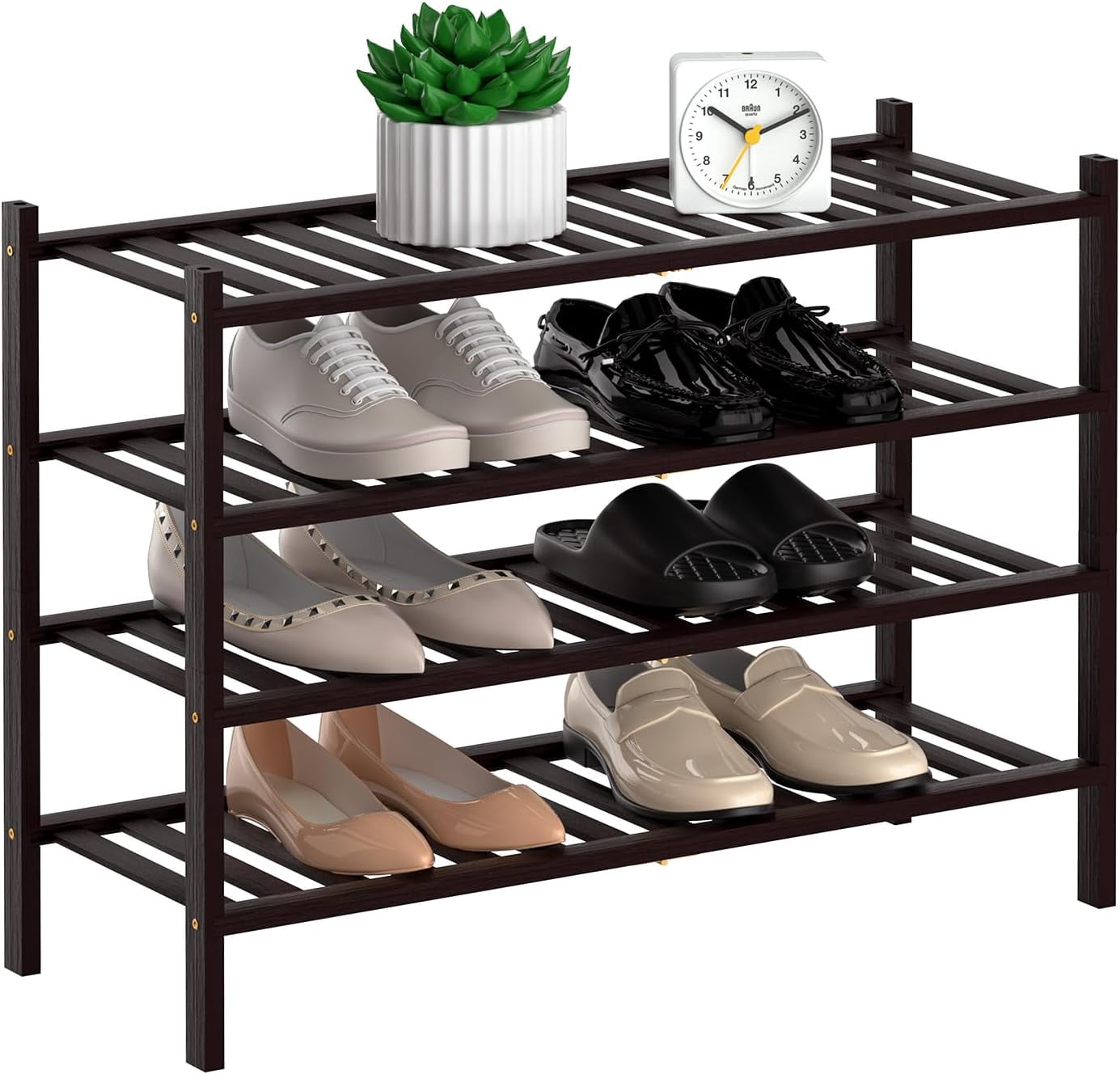Shoe Rack, 4 Tier Bamboo Shoe Rack for Closet, Stackable Wooden Shoe ...