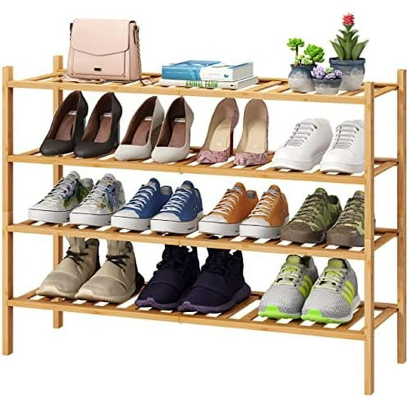 Shoe Rack, 4-Tier Long Shoe Rack for Entryway, Bamboo Wood Shoe Shelf ...