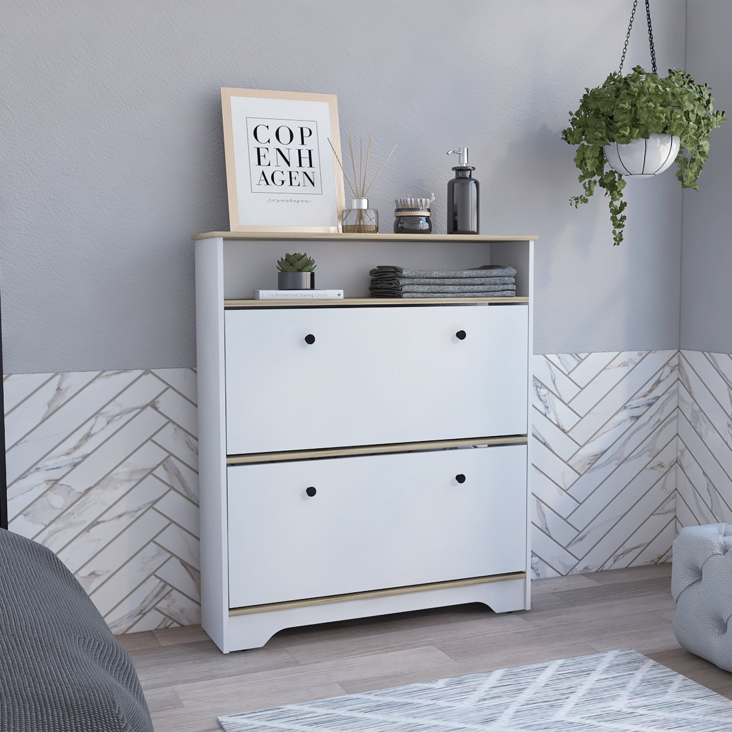 Shoe Rack 46” H One Open Shelf Two Internal Drawers Two Doors Light Oak ...