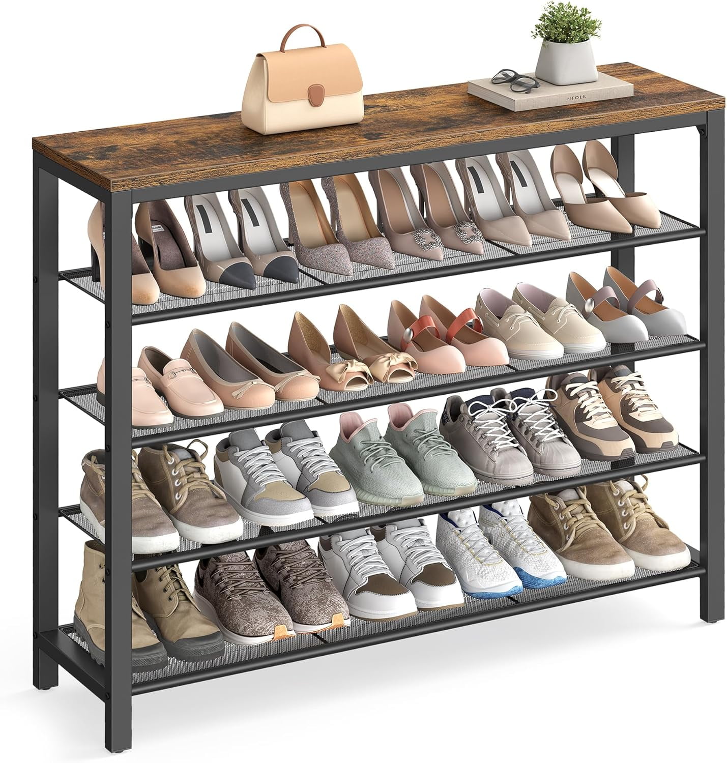 Shoe Rack, 5-Tier Shoe Storage Organizer with 4 Metal Mesh Shelves for ...