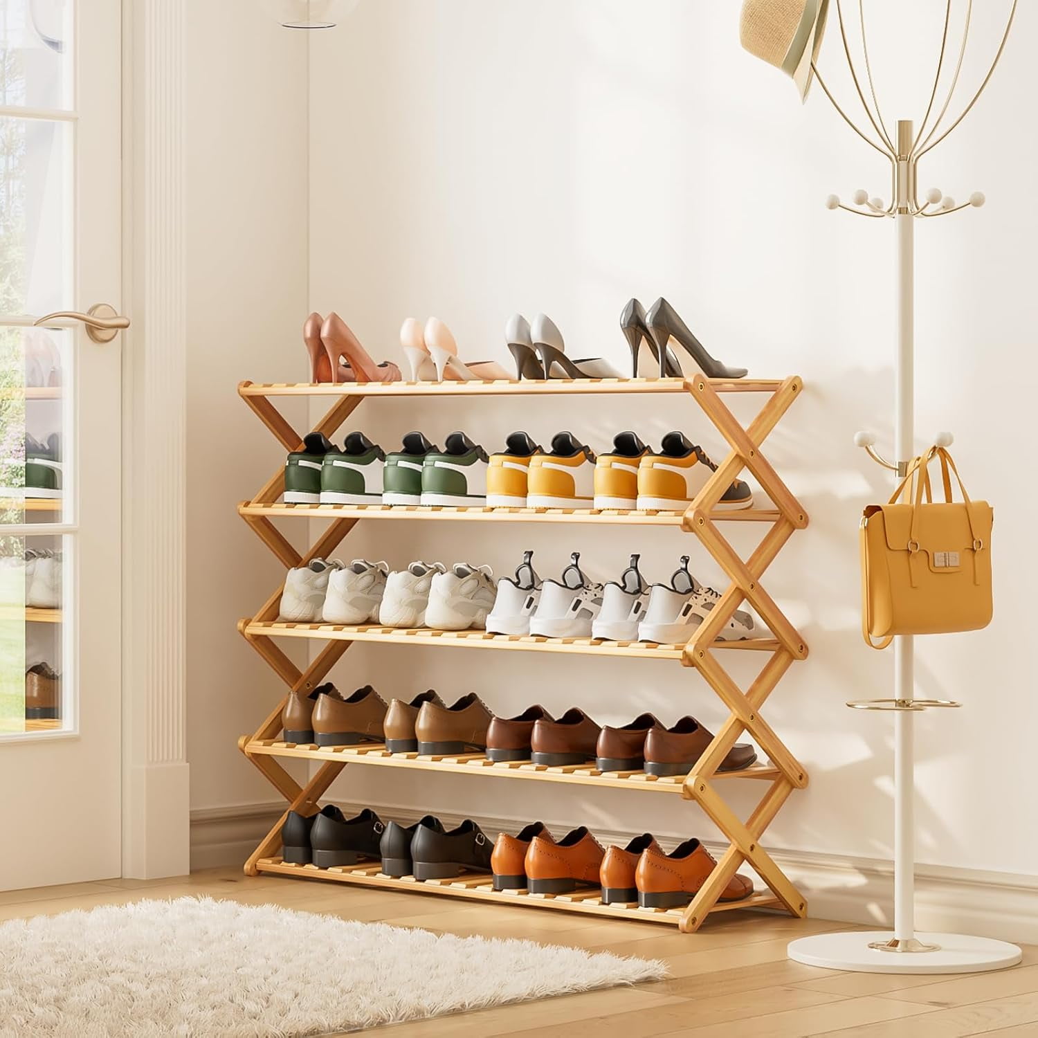 Shoe Rack, 6 Tier Foldable Shoe Rack Organizer Bamboo Shoe Shelf for 18 ...