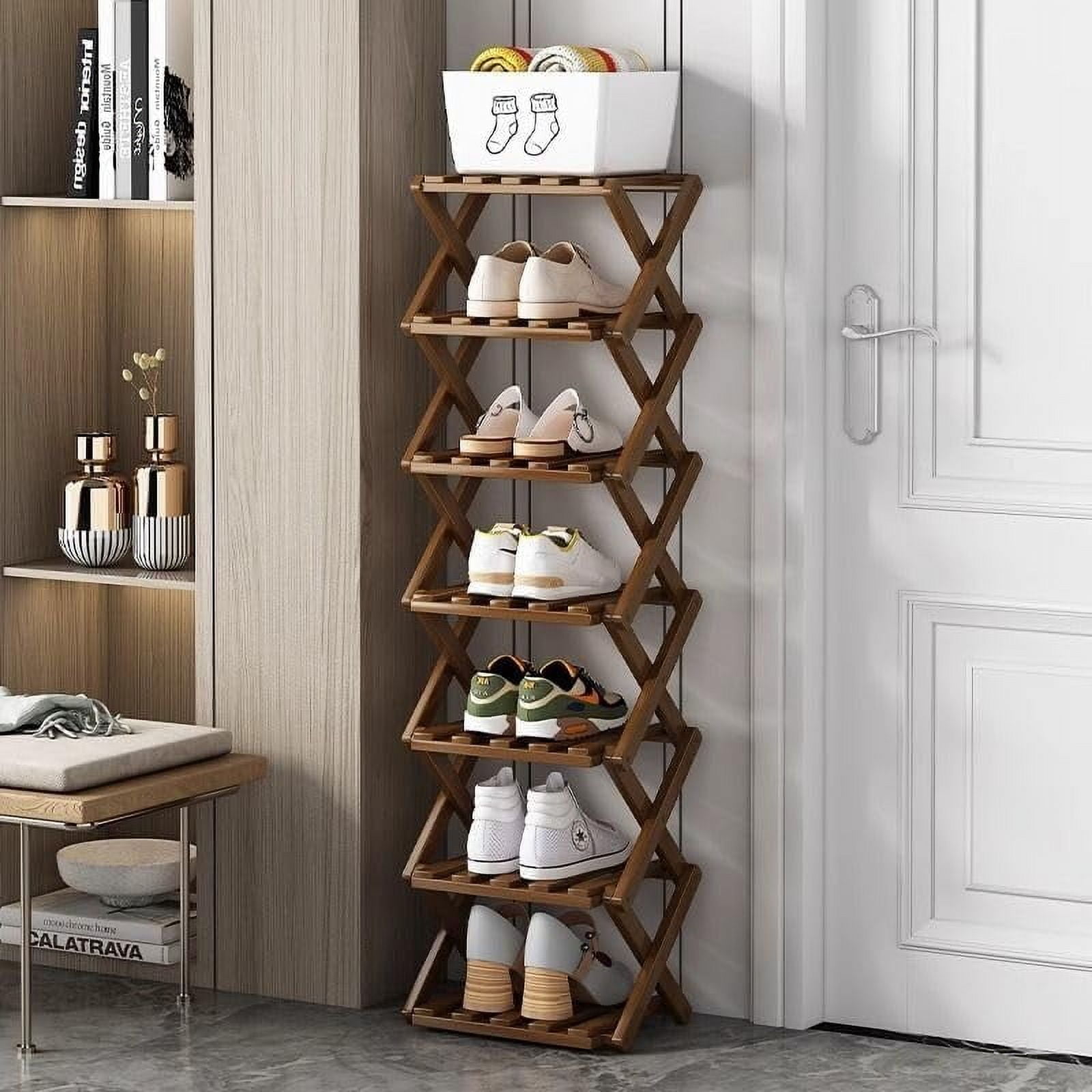 Shoe Rack, Bamboo Foldable Shoes Organizer Free Standing Shelf for ...