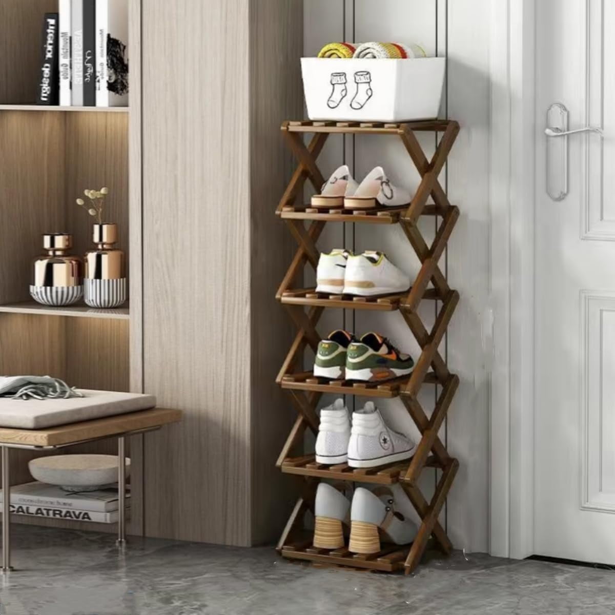 Shoe Rack, Bamboo Foldable Shoes Organizer Free Standing Shelf for ...