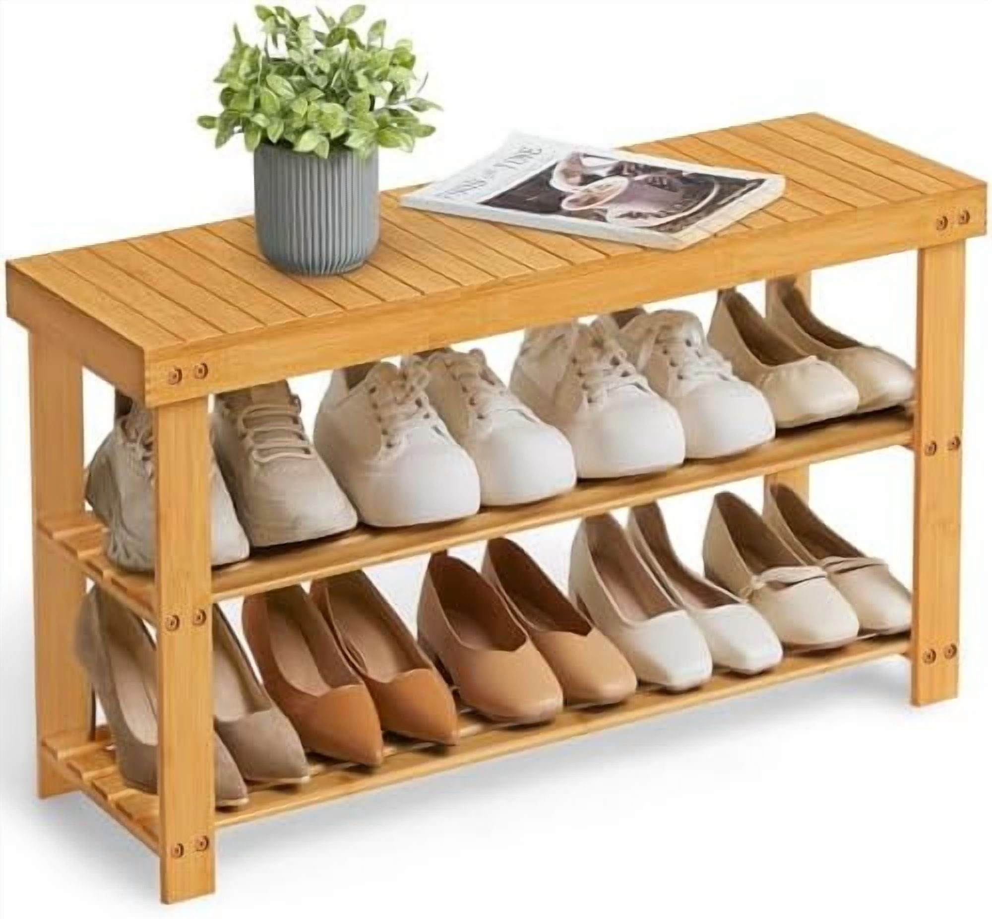 Shoe Rack Bench, 3-Tier Bamboo Shoe Storage Organizer, Entryway Bench ...