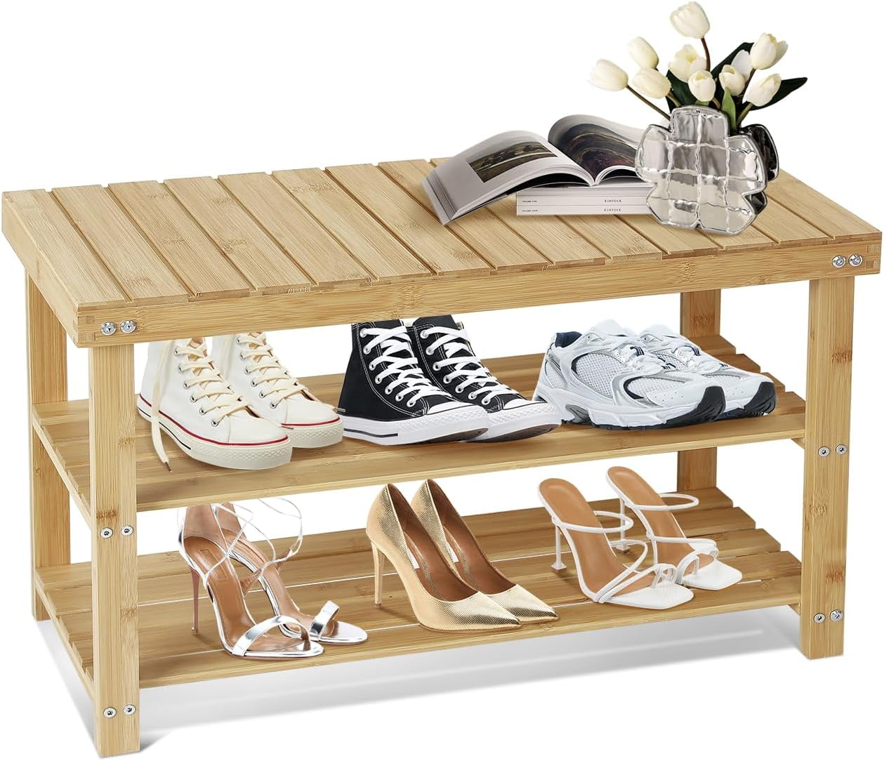Shoe Rack Bench, 3 Tier Shoe Organizer for Entryway Storage, Big Wooden ...