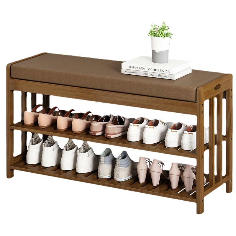 Shoe Rack Bench, Bamboo Shoe Bench, 3-Tier Shoe Rack with Cushion ...