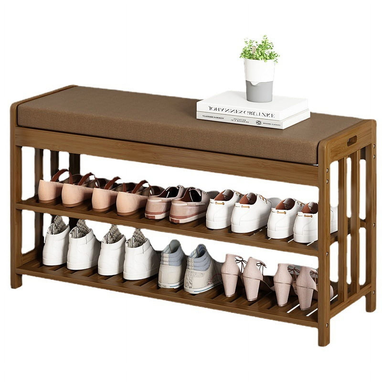 Shoe Rack Bench, Bamboo Shoe Bench, 3-Tier Shoe Rack with Cushion ...