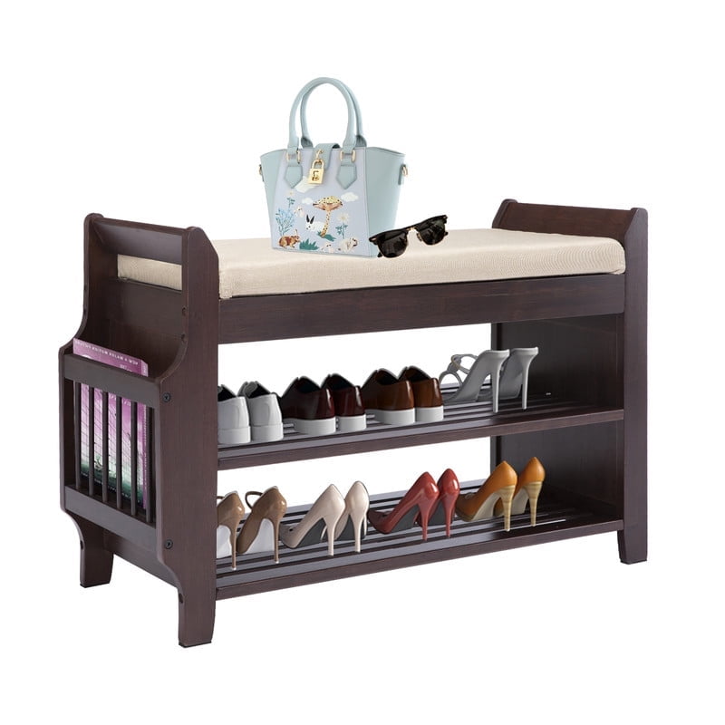 Shoe Rack Bench,Bamboo Shoe Storage Stool with Removable Cushion,2-Tier ...