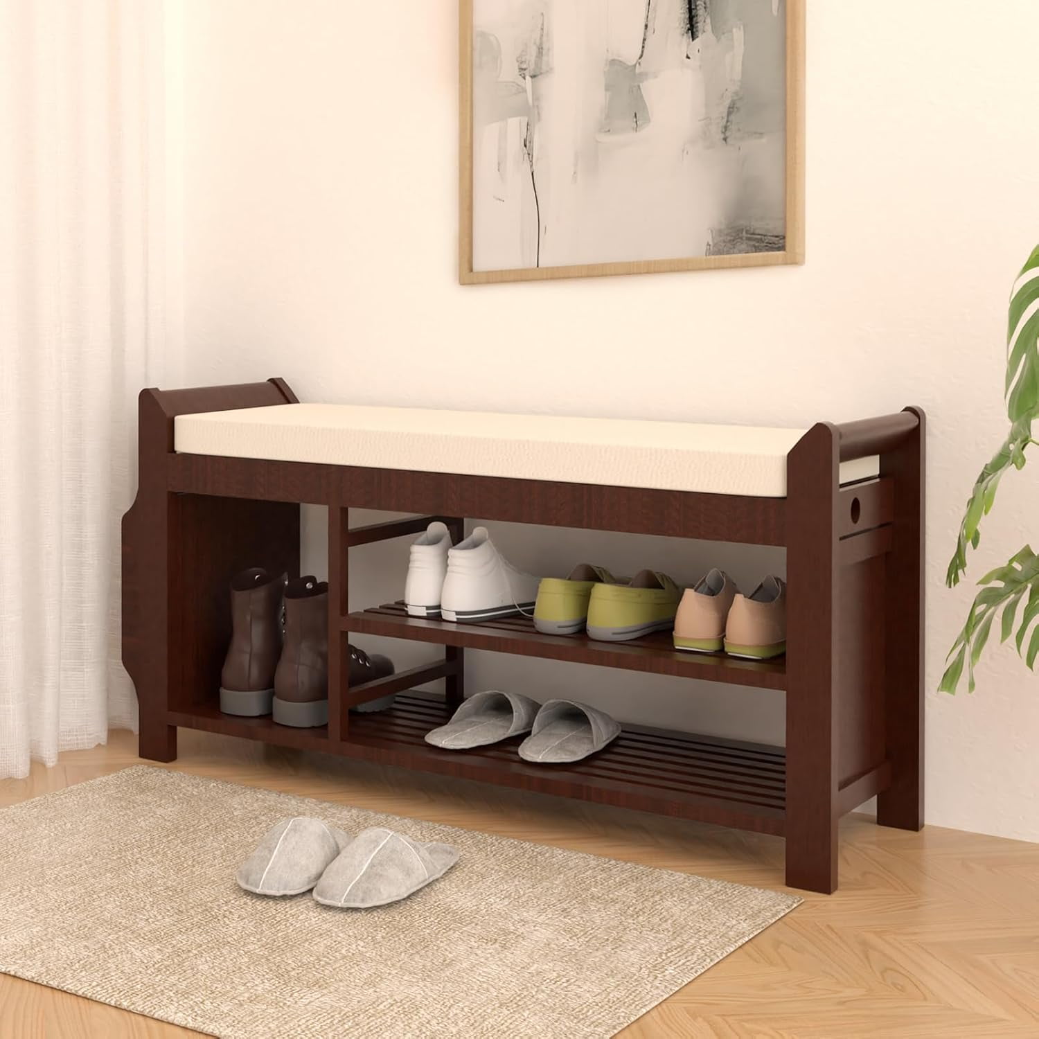 Shoe Rack Bench Entryway, Bamboo Shoe Bench with Removable Cushion, 2 ...
