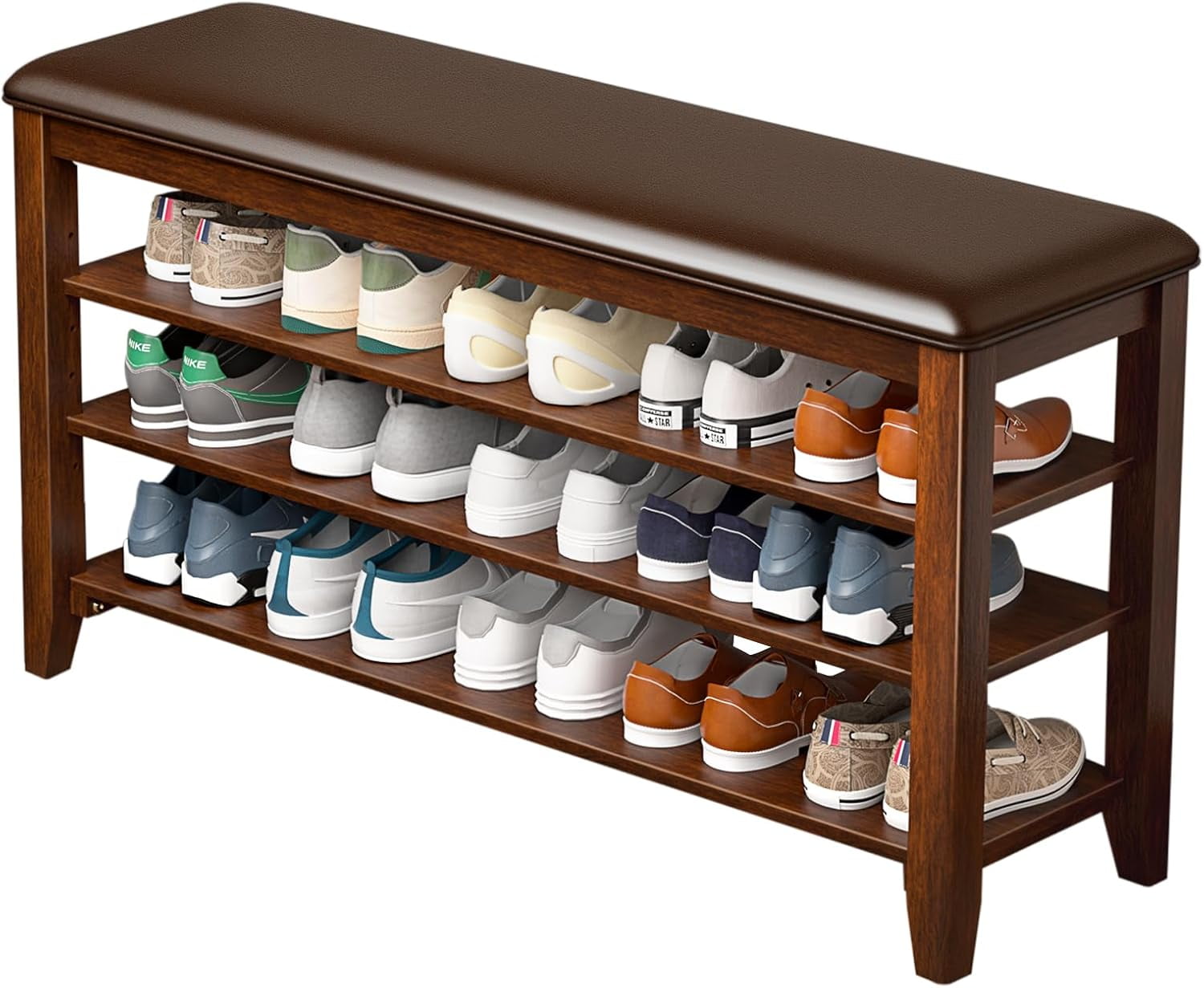 Shoe Rack Bench Entryway Storage with Leather Cushion, Shoe Organizer ...