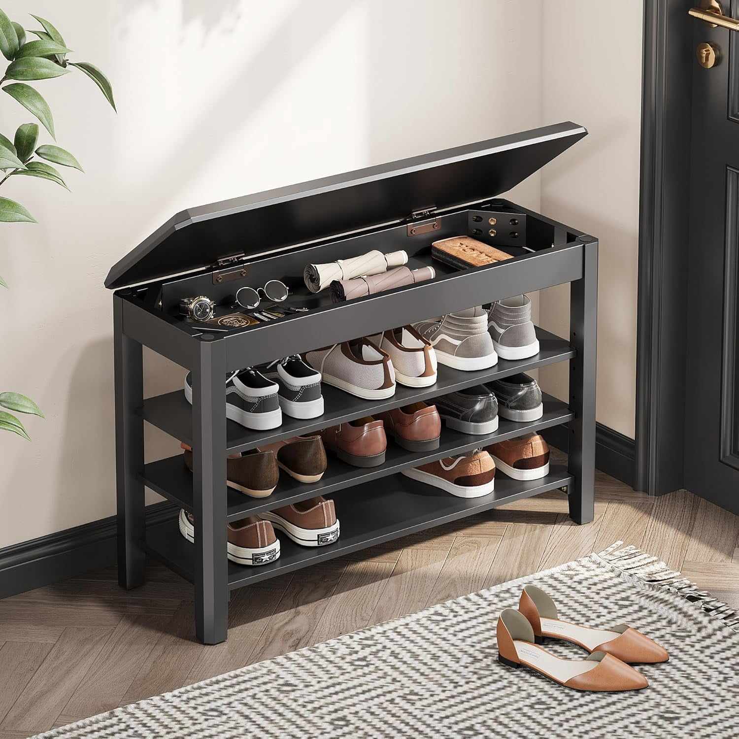 Shoe Rack Bench Seat Rubberwood 3-Tier Wooden Storage Bench 550lbs ...