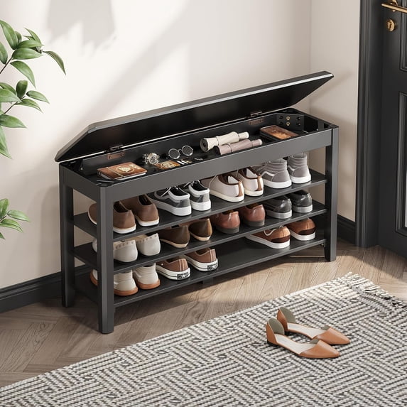 Shoe Rack Bench Seat Rubberwood 3-Tier Wooden Storage Bench 550lbs ...