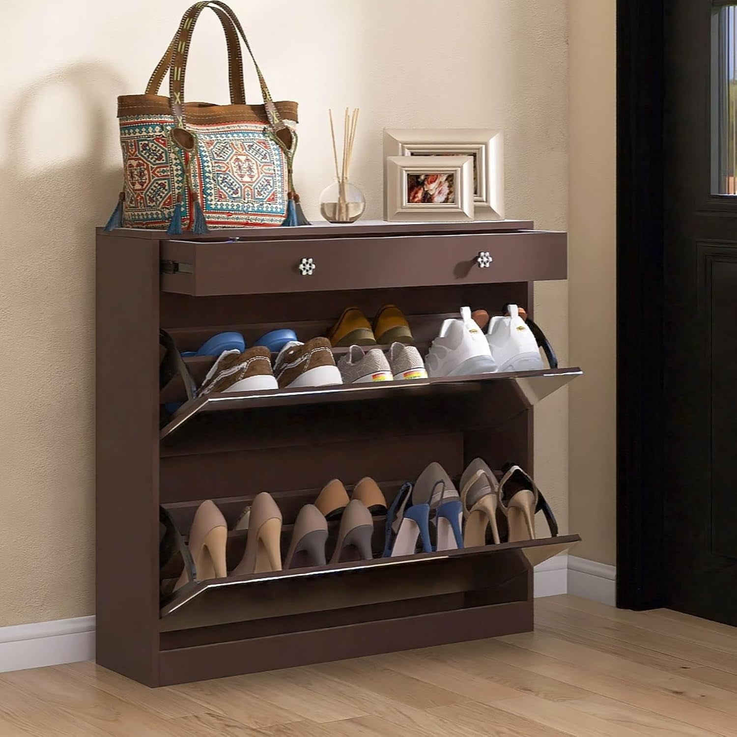 Shoe Rack Cabinet with Mirror –3 Flip Drawers Shoe Storage Cabinet ...