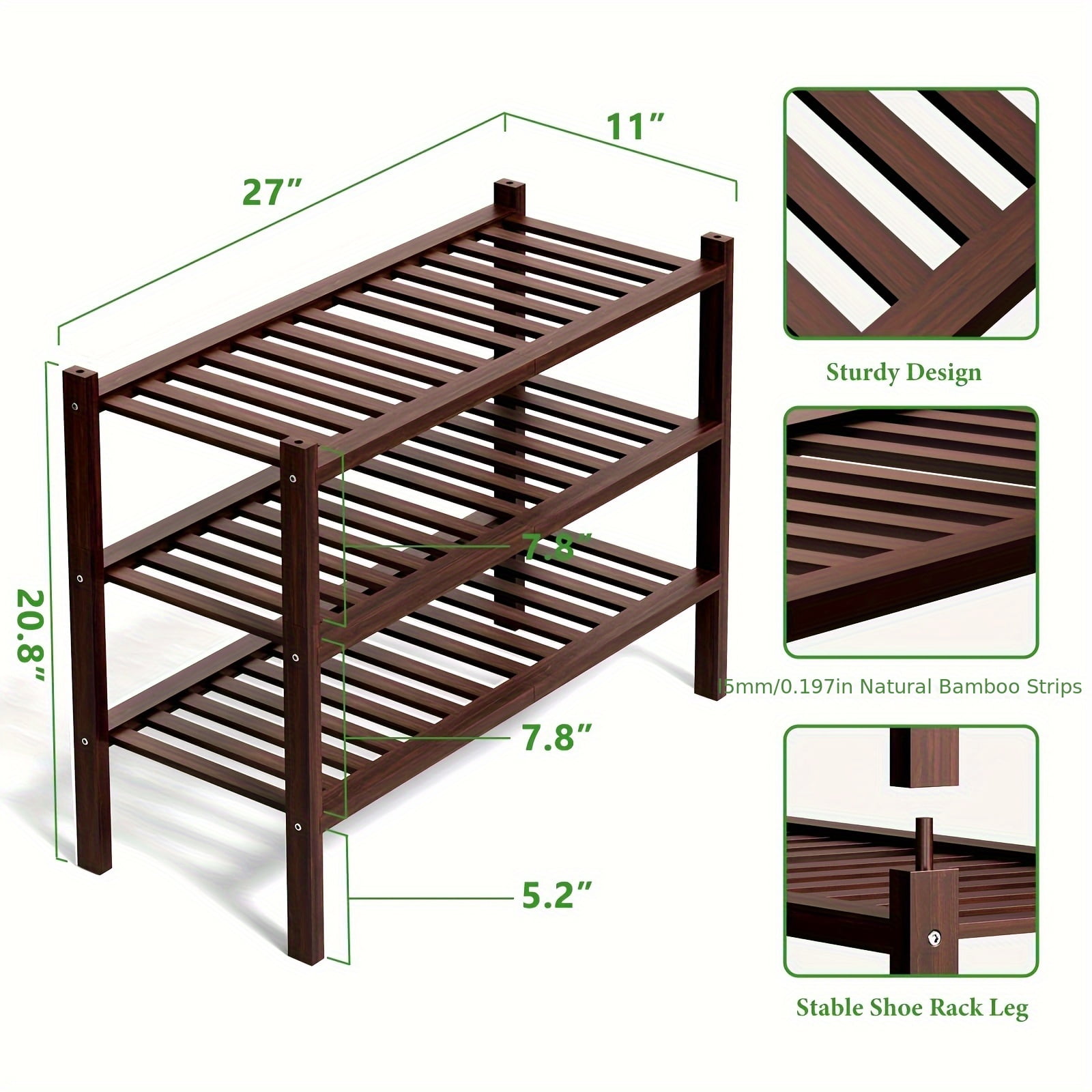 Shoe Rack for Closet, 3-Tier Bamboo Wood Shoe Racks, Stackable ...