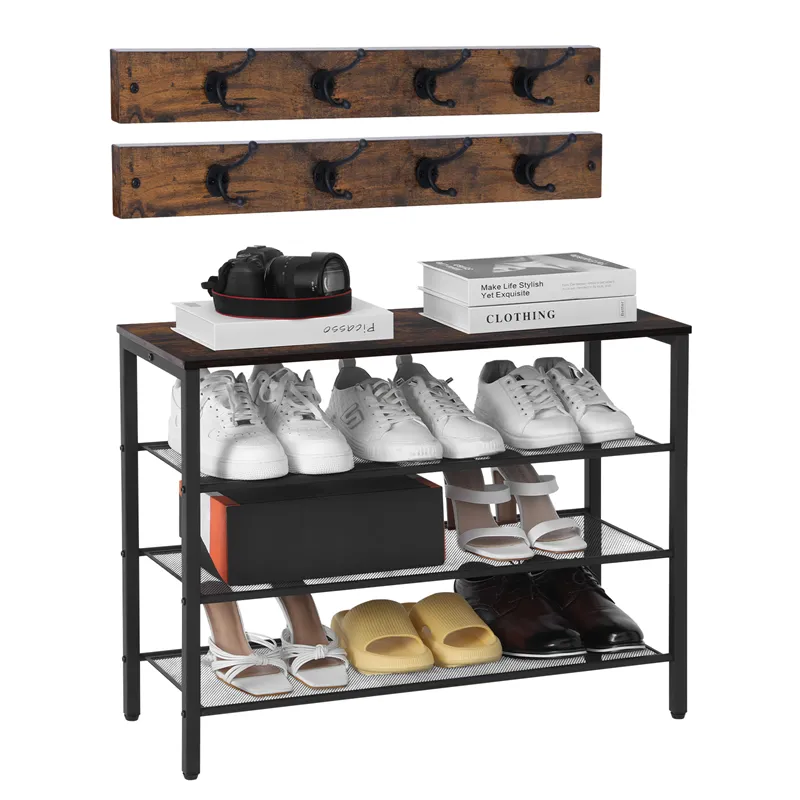 Shoe Rack With Coat Hook, 4 Tier Shoe Storage Organizer with 3 Mesh ...