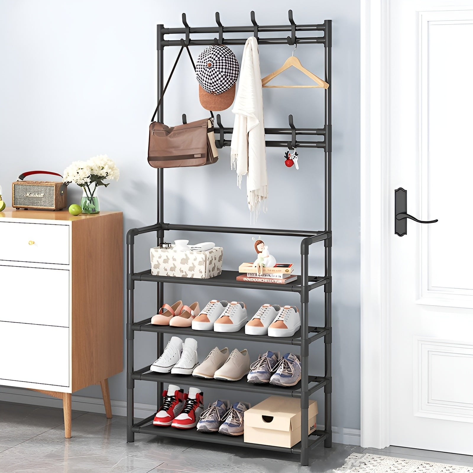 Shoe Rack Coat Rack Strand Simple Metal Storage Rack with Hooks ...