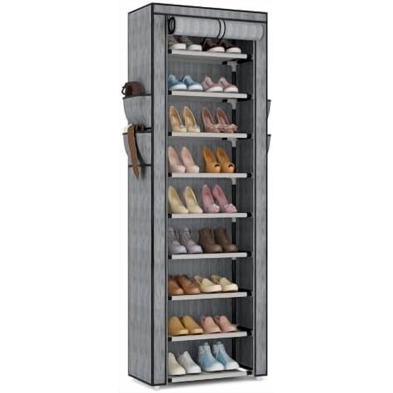 Shoe Rack with Cover Narrow Shoe Organizer with 4 Side Pockets 10 Tier ...