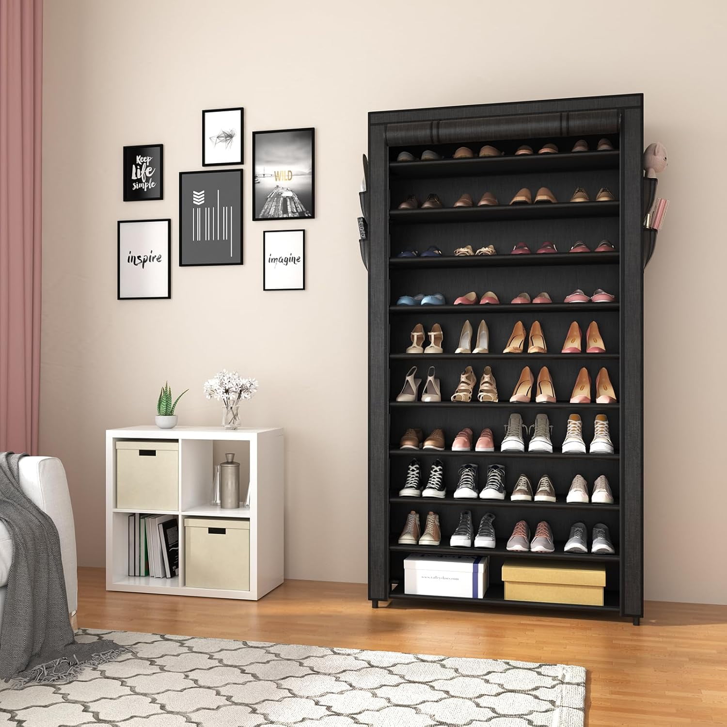 Shoe Rack with Covers, Large Capacity Stackable Tall Shoe Shelf Storage ...