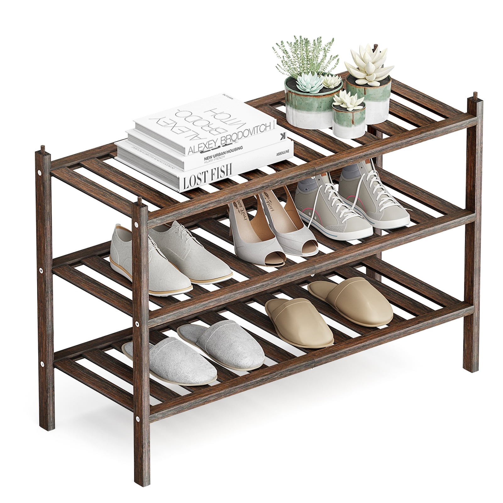 Shoe Rack, Dranixly 3-Tier Shoe Rack Bamboo Stackable Shoe Shelf ...